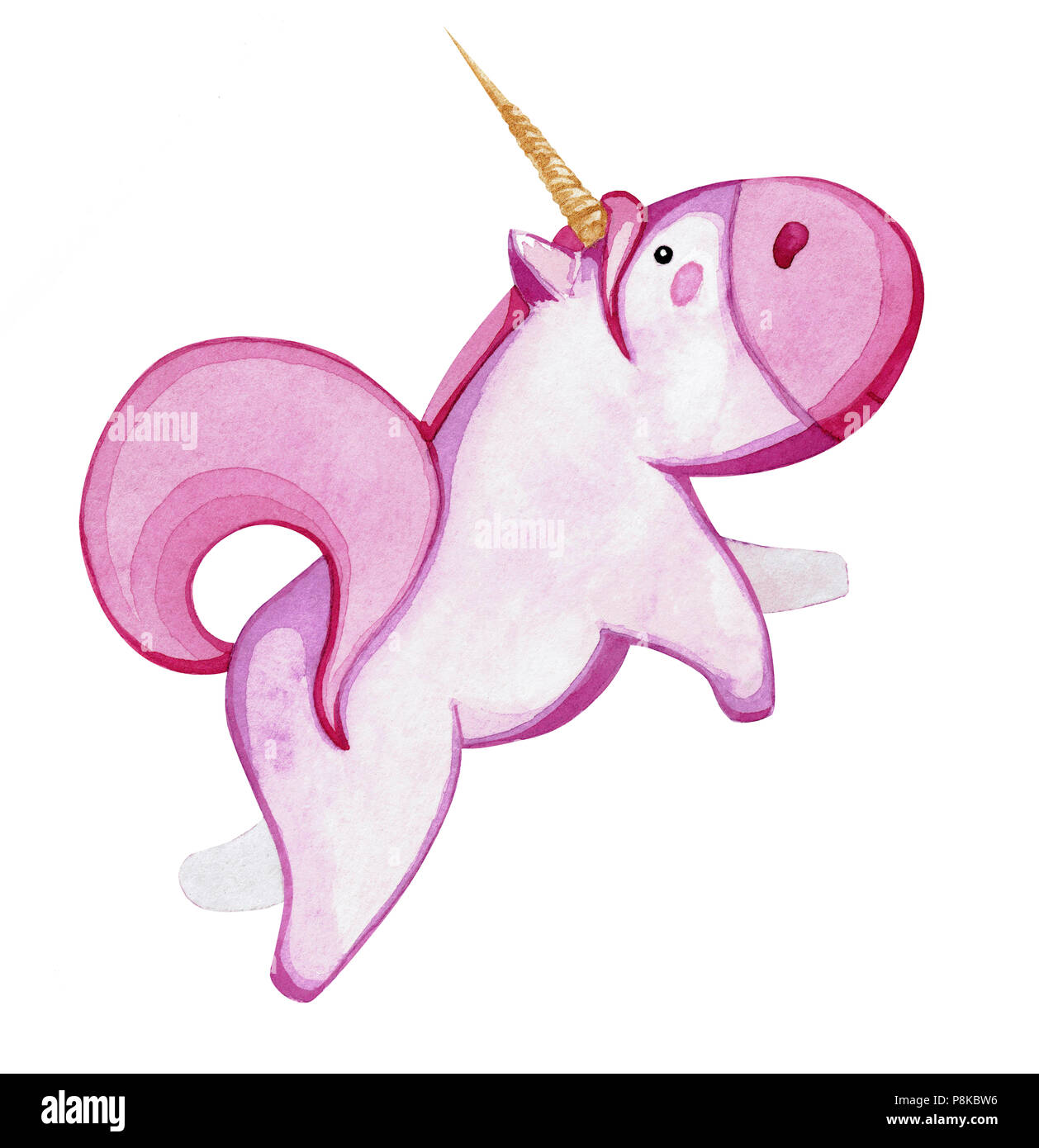 Pink unicorn isolated on white background. Drawing with watercolor ...