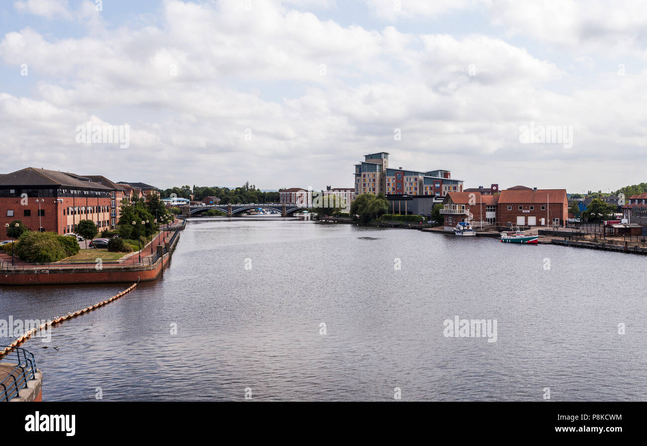 A view along the River Tees in the town centre at Stockton on Tees ...