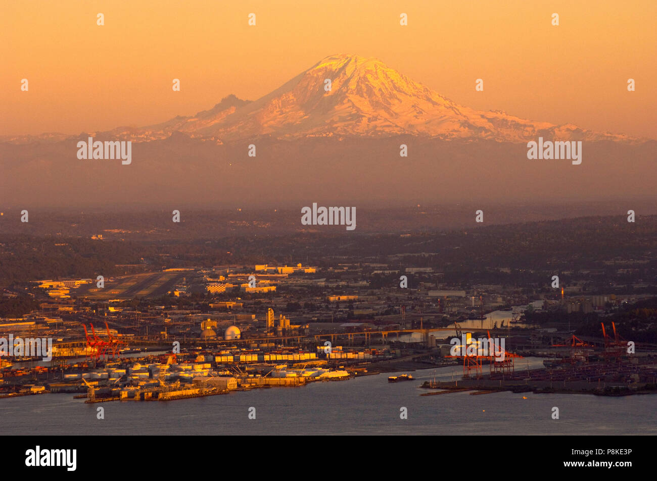 Seattle, Mount Rainier, Waterfront and Mount Rainier, aerial, Summer ...
