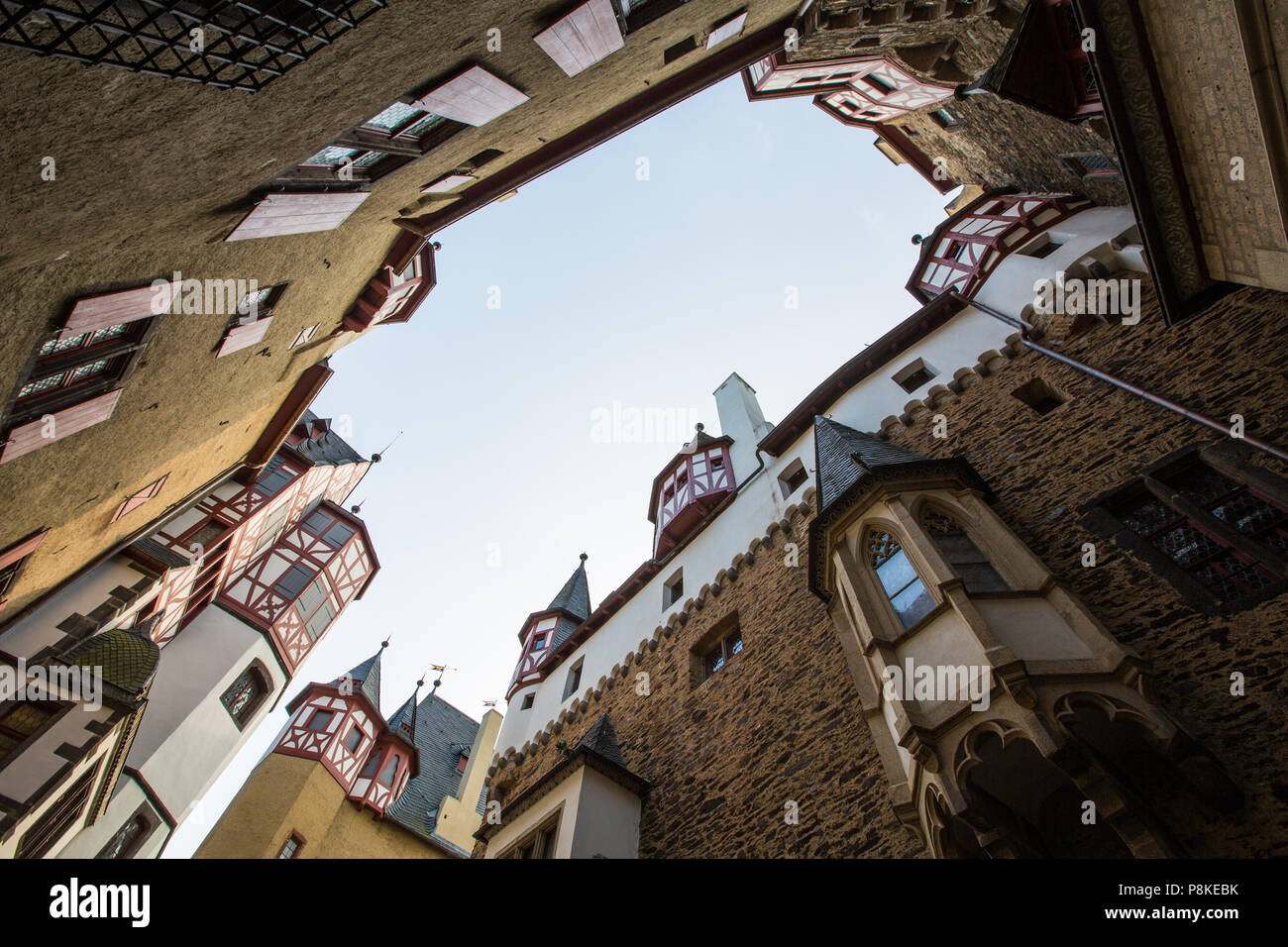 Looking up inside the courtyard of Elz castle located in the Rhine ...