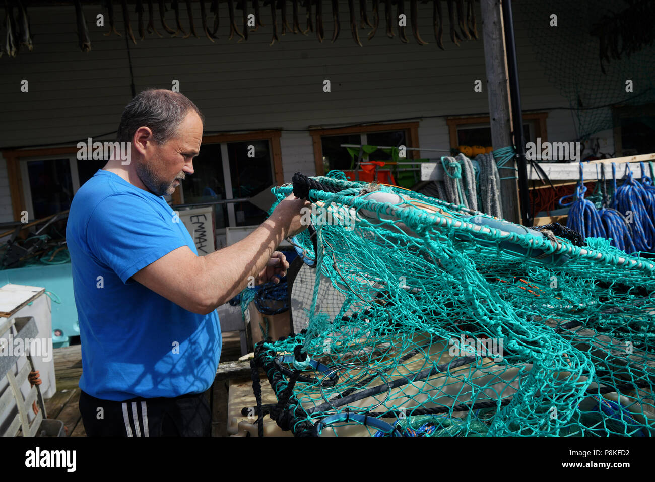 A fisherman checks his traps in Honningsvåg Norway. Honningsvåg Norway ...