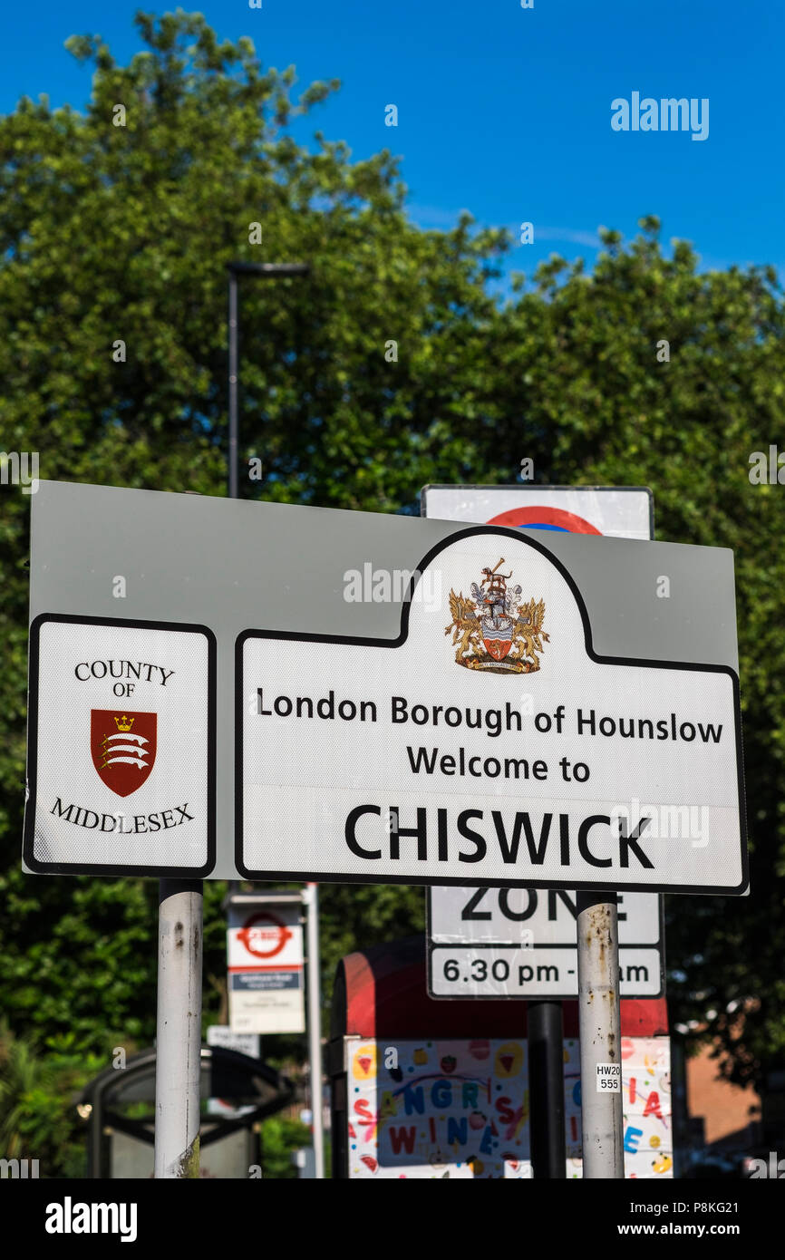 Welcome to Chiswick road sign, London, England, u.k Stock Photo - Alamy