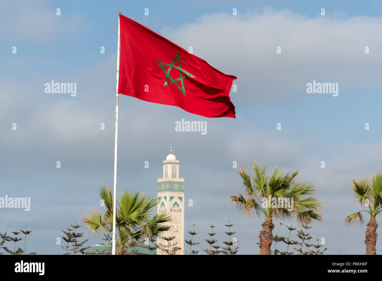 Moroccan flag with view of Hassan II mosque, Casablanca, Morocco Stock ...