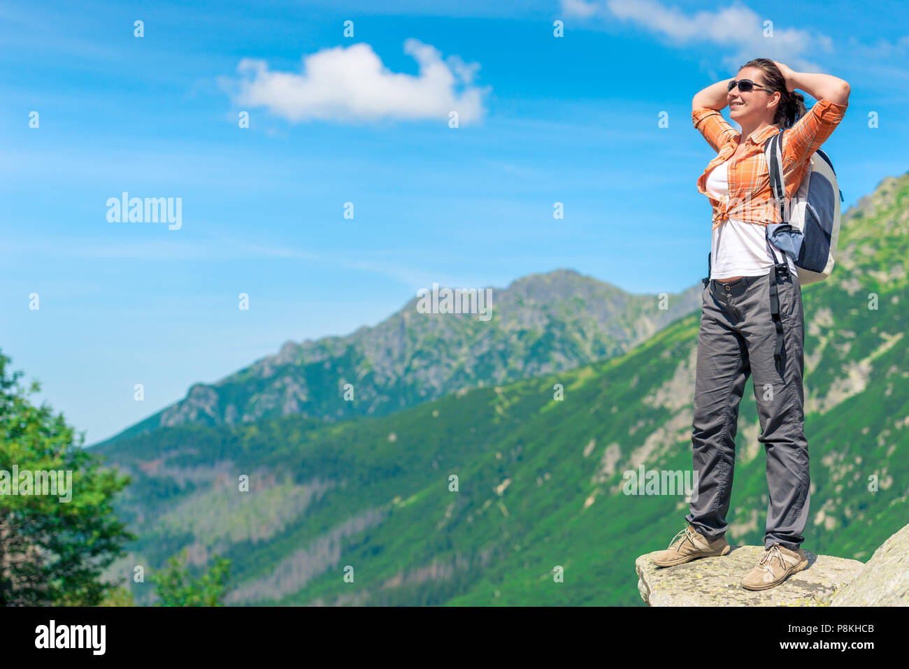 relaxed tourist with a backpack on the background of beautiful scenery ...