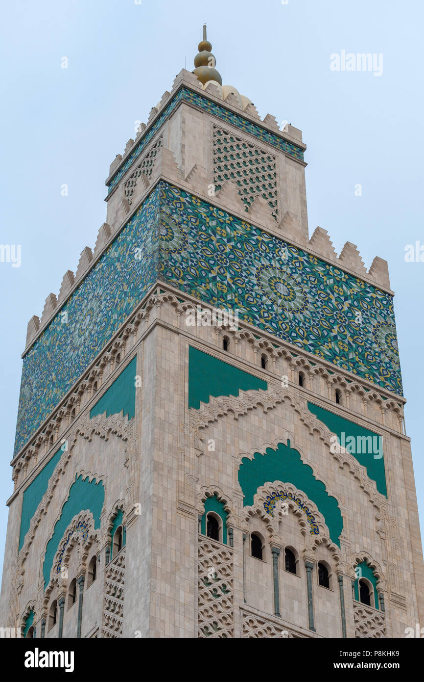 Close up of the detailed minaret on Hassan II mosque in Casablanca ...