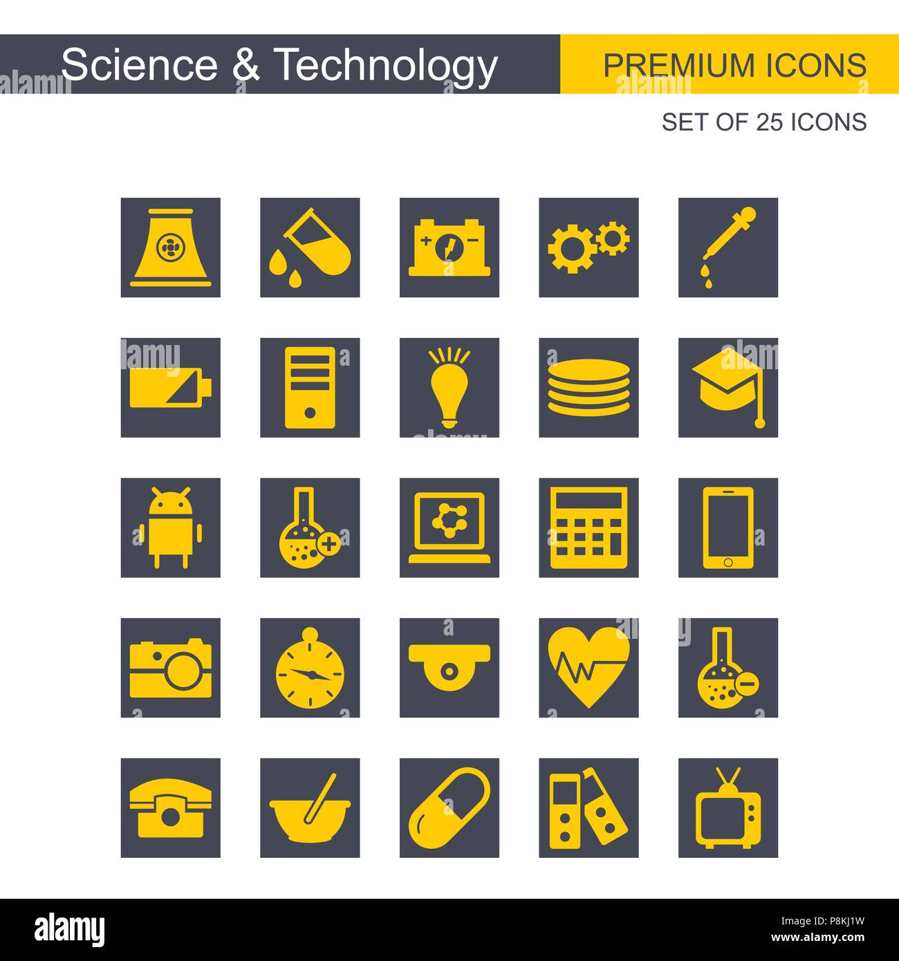 Science and Technology icons set grey and yellow. For web design and ...