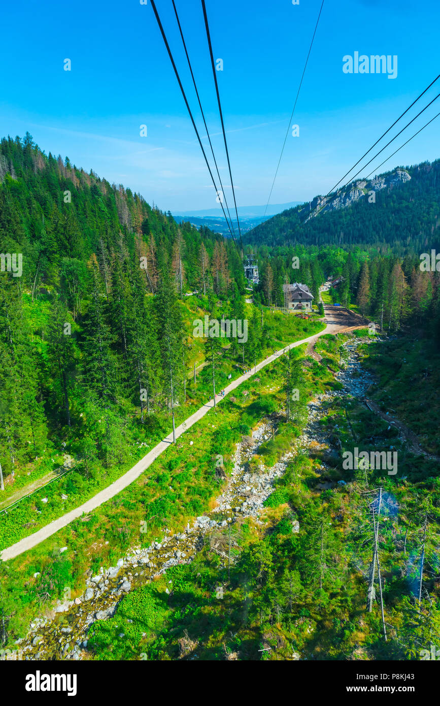 vertical landscape descent from the mountain in the funicular, shooting ...