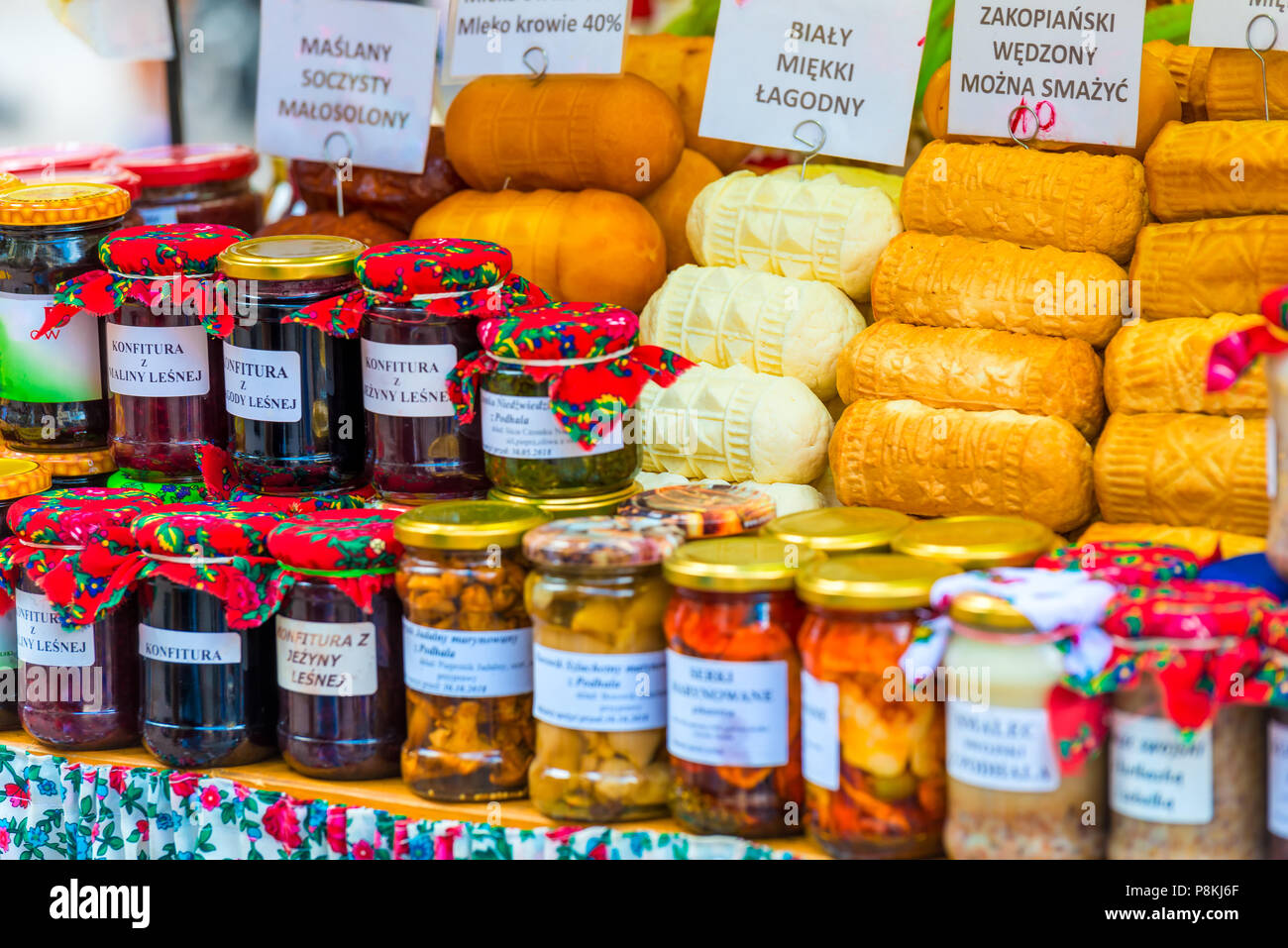 traditional cheeses of Zakopane in the showcase of the market in Poland ...