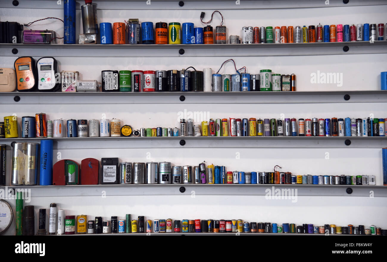 12 July 2018, Germany, Krefeld: Different types of batteries can be ...
