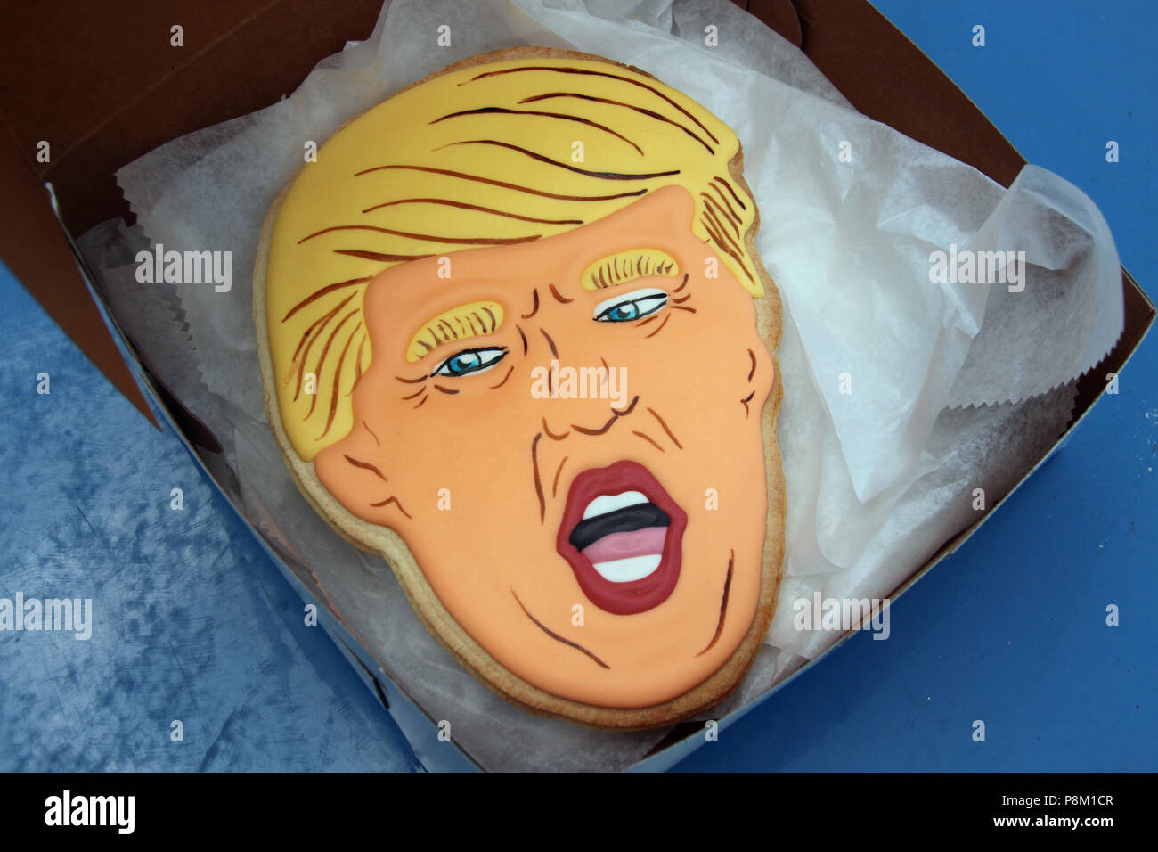 New York, USA. 11th July, 2018. The face of Donald Trump is painted ...