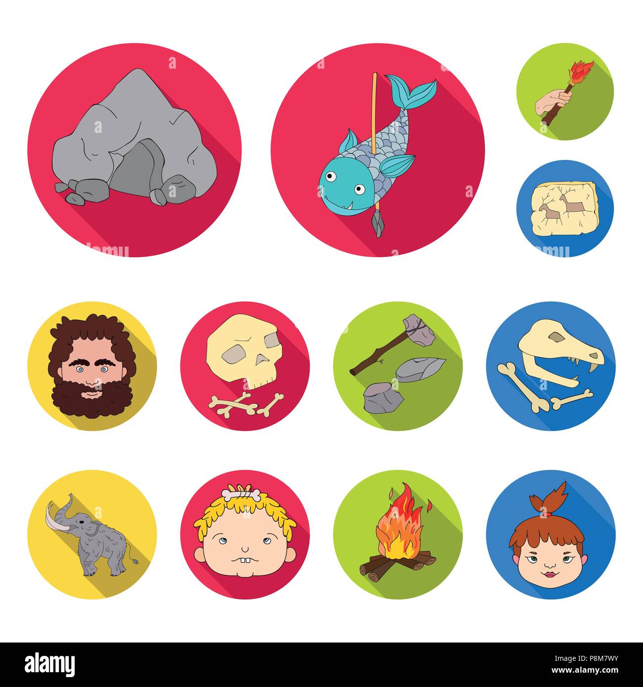 Life in the Stone Age flat icons in set collection for design. Ancient ...