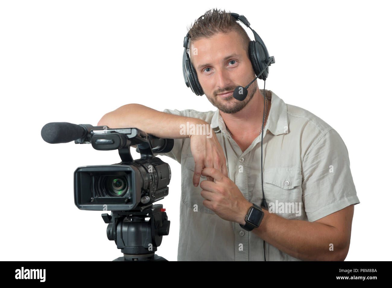man with professional camcorder isolated on the white background Stock ...