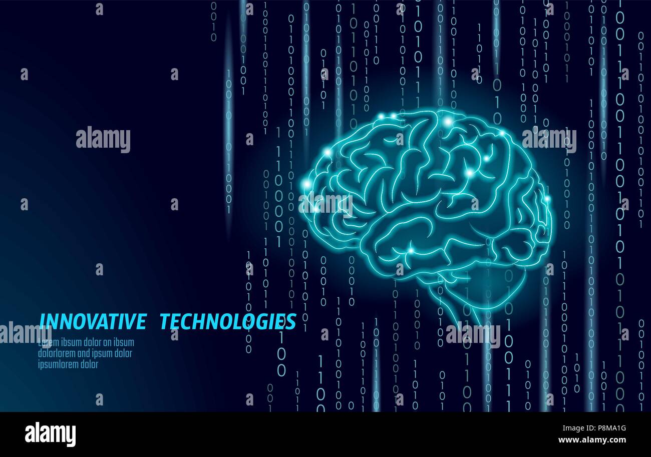 Digital 3D shape of human brain. Low poly polygonal particle point line ...