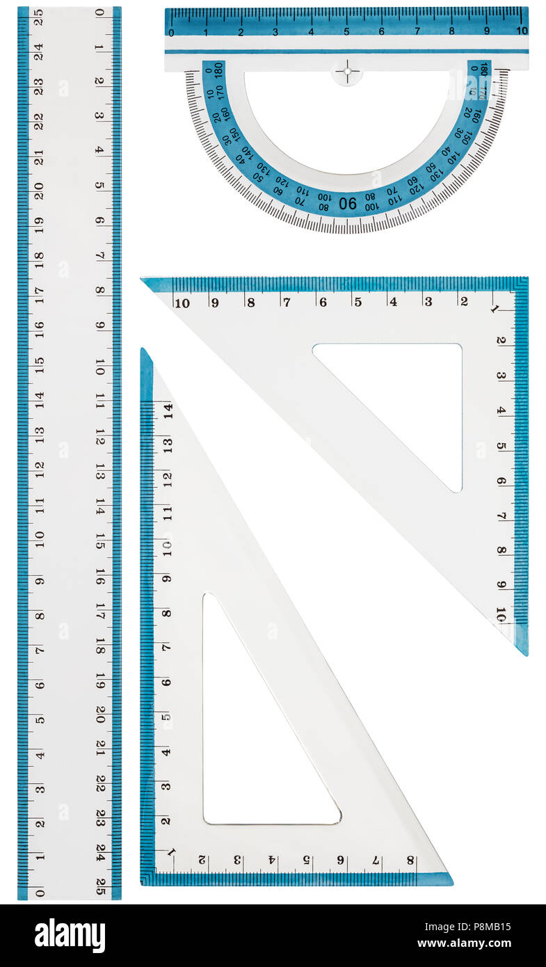 Set of drawing tools, ruler, protractor triangle, isolated on white ...