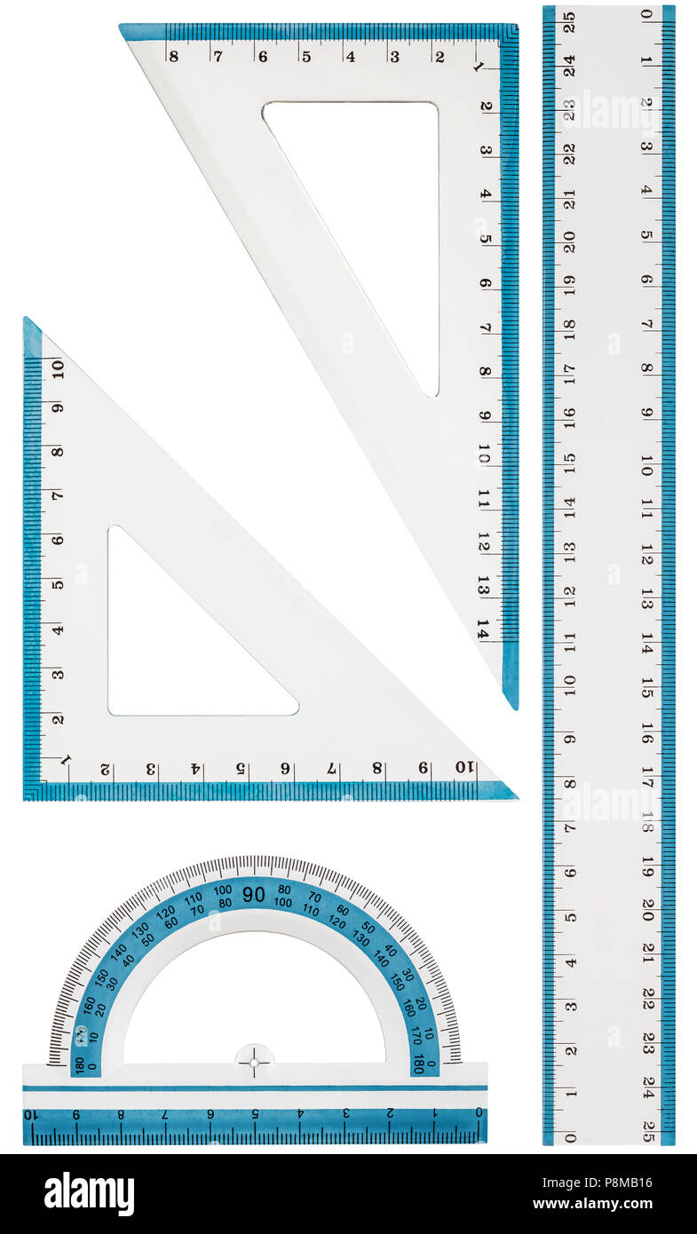 Set of drawing tools, ruler, protractor triangle, isolated on white ...