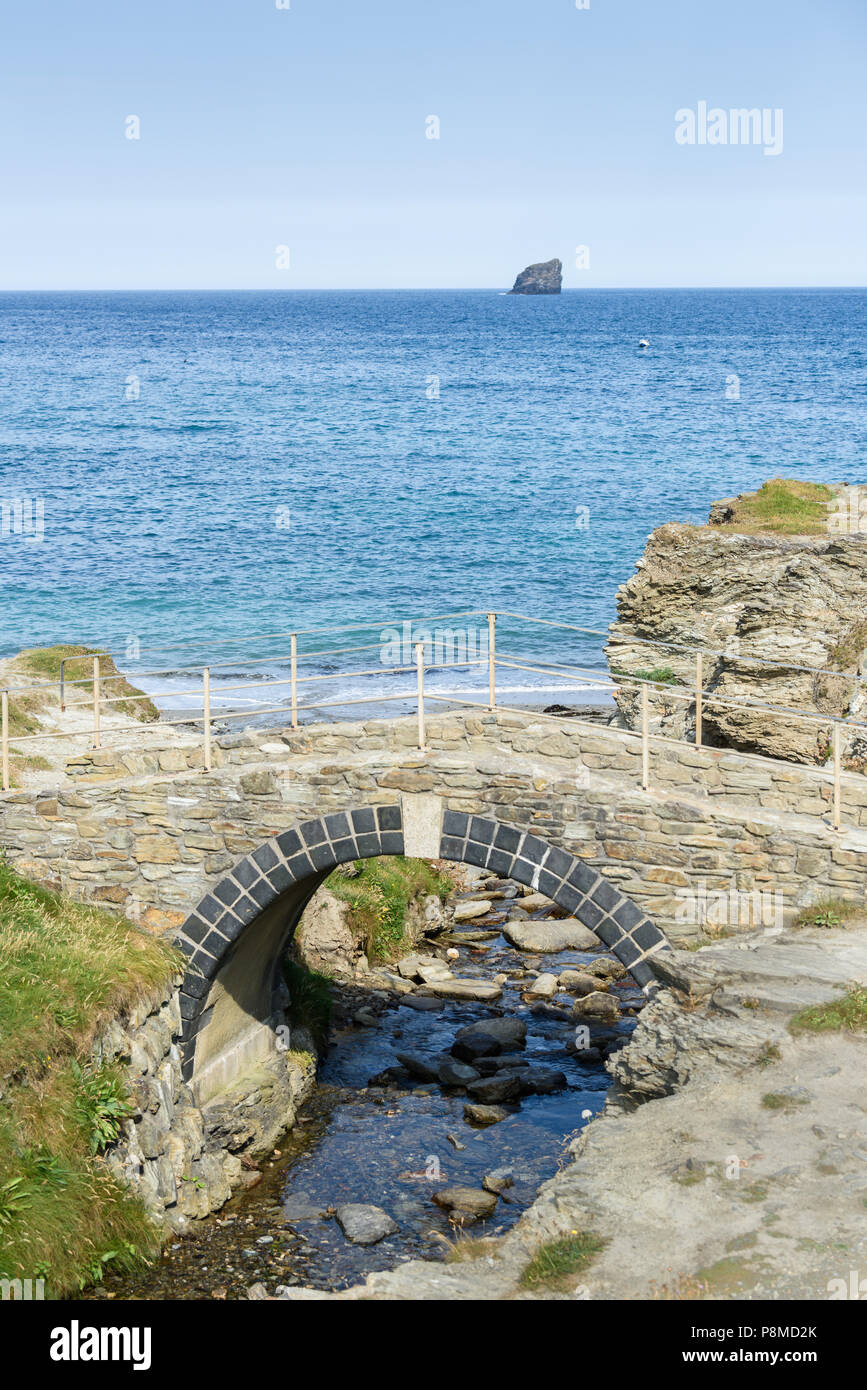 View of a calm Atlantic ocean at Trevellas Porth, Cornwall, England ...