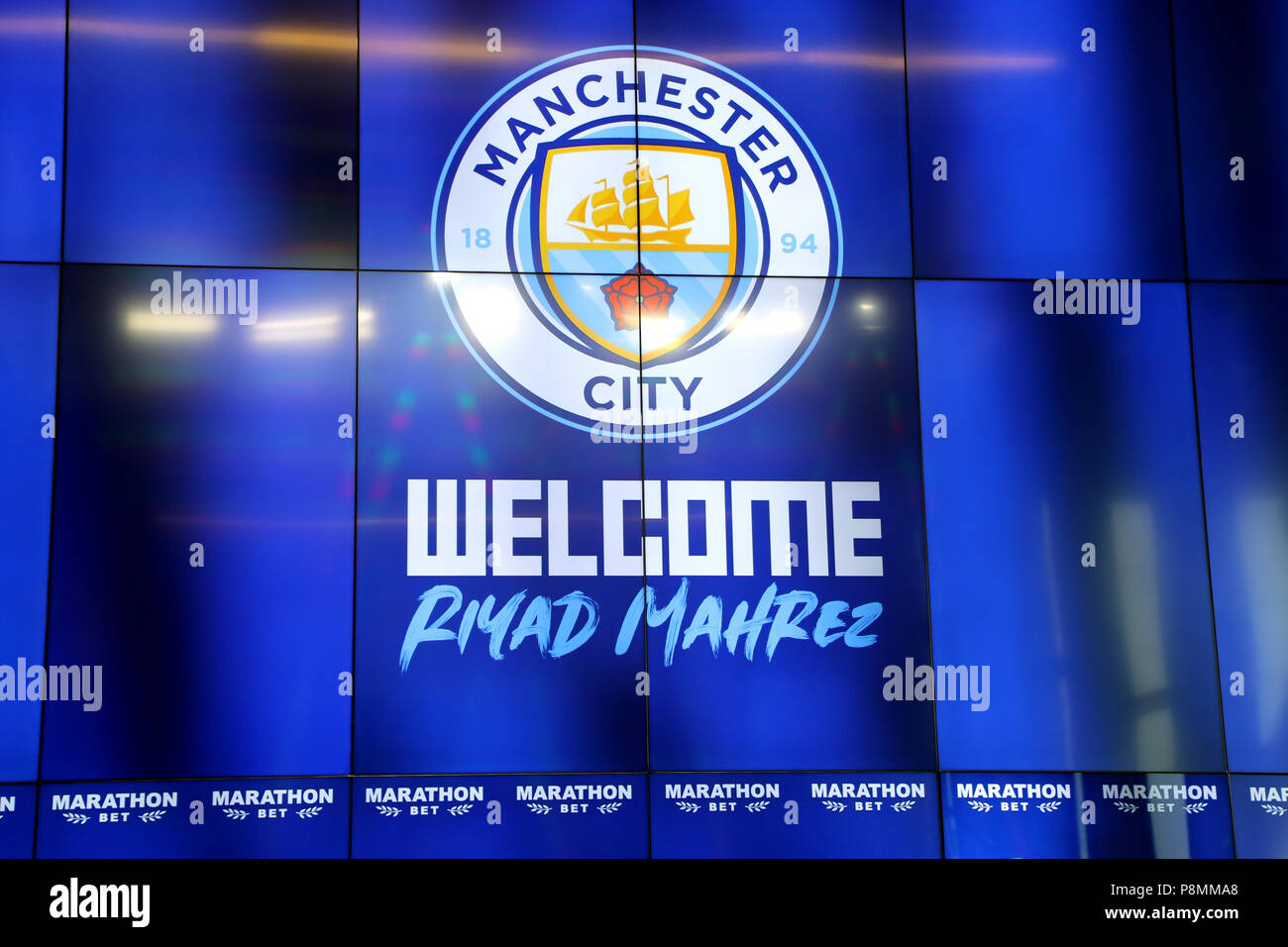 A welcome message is displayed on a big screen for new Manchester City ...