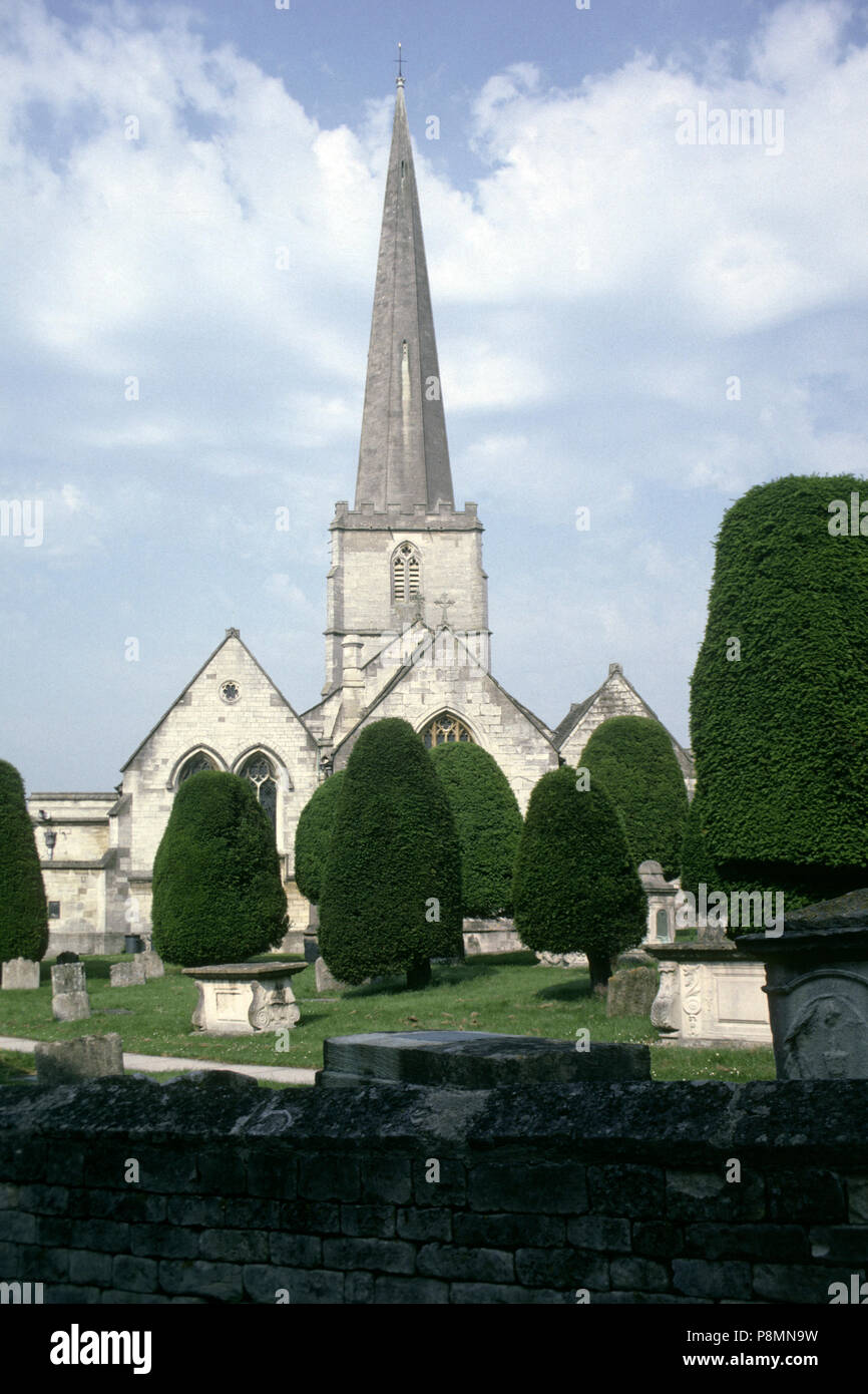 c1986: The 'wool church' tower and spire and its well known yew trees ...