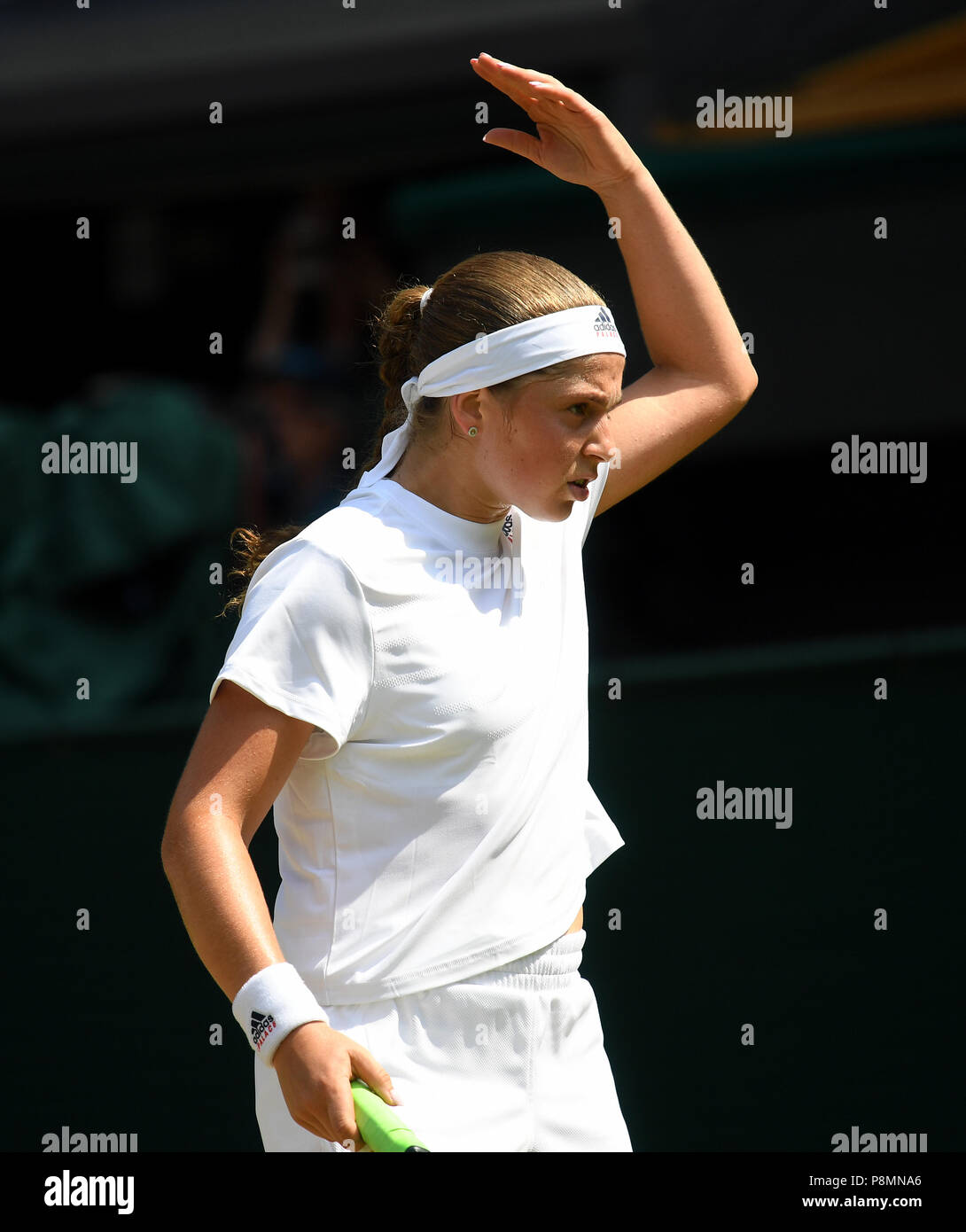 Jelena Ostapenko reacts on day ten of the Wimbledon Championships at ...