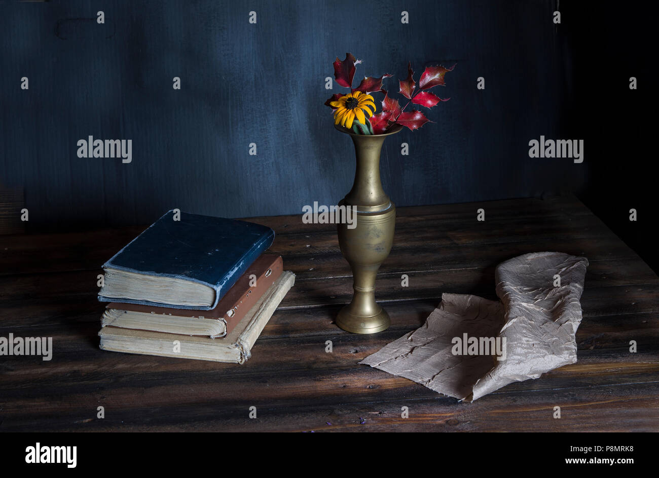 Dark still life with vase and flowers Stock Photo - Alamy
