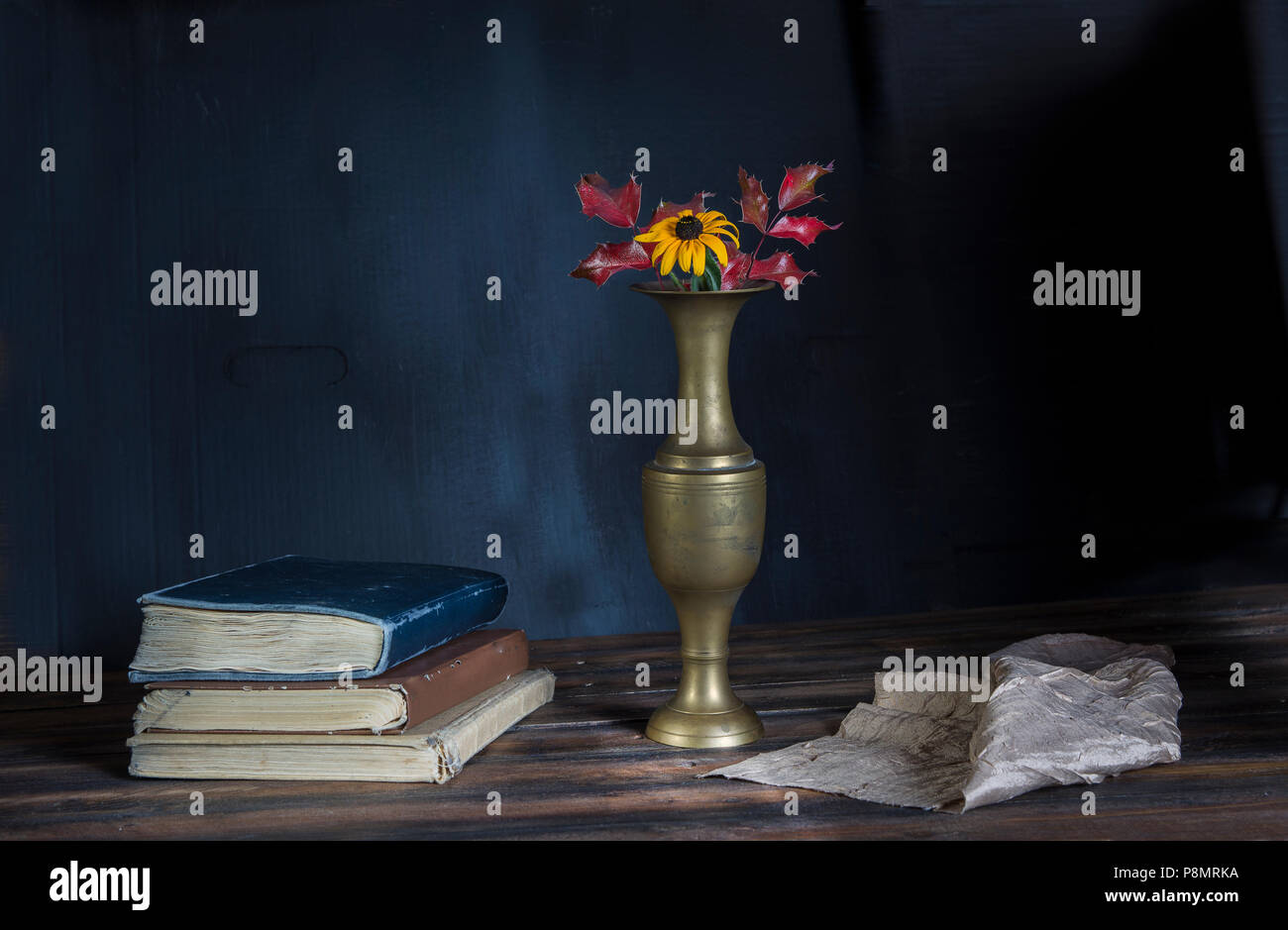 Dark still life with vase and flowers Stock Photo - Alamy