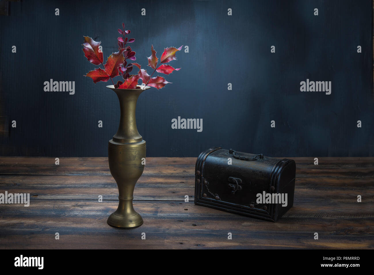 Dark still life with vase and flowers Stock Photo - Alamy