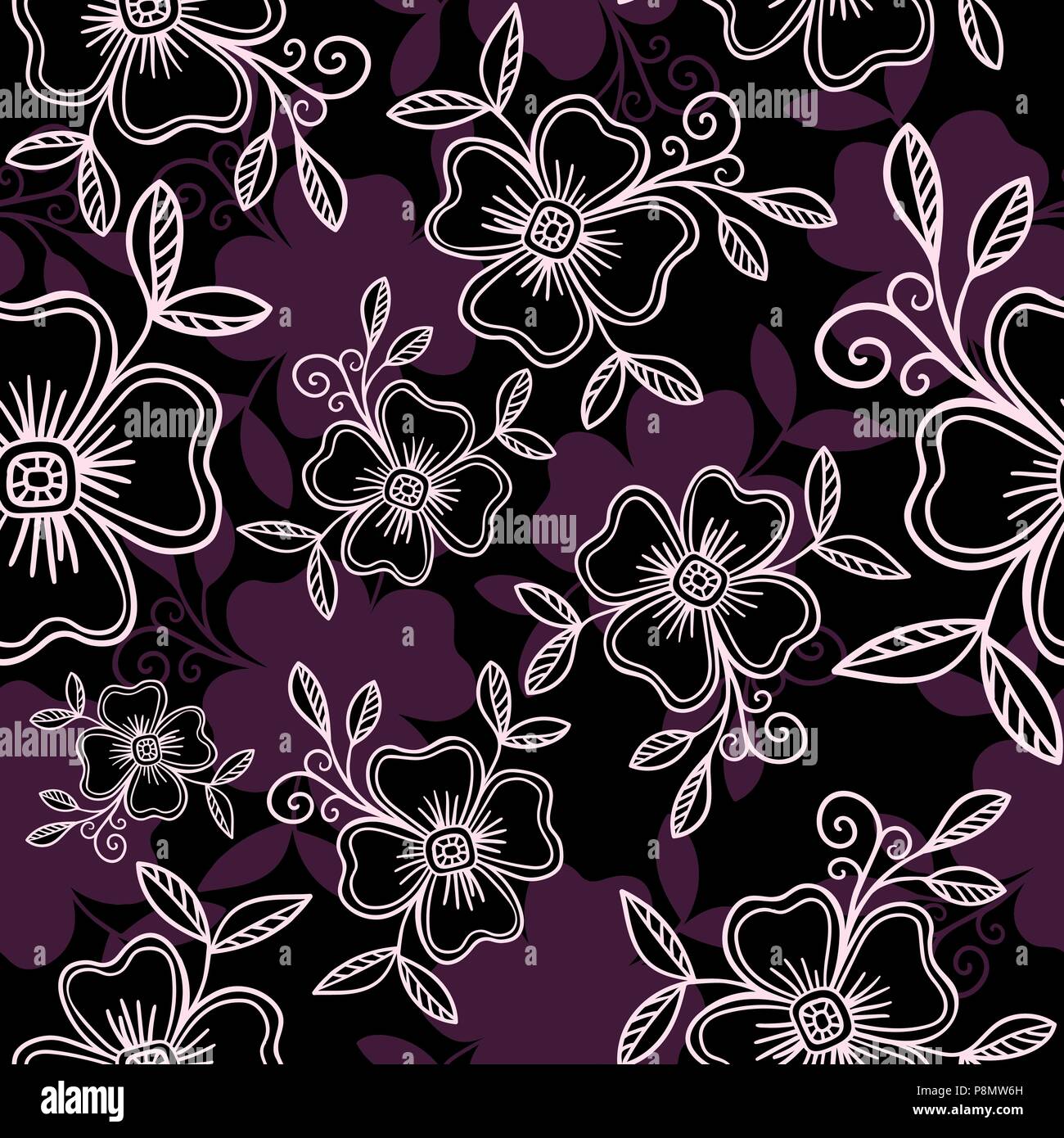 Luxury Vector seamless pattern - graphic flowers with leaves in violet ...