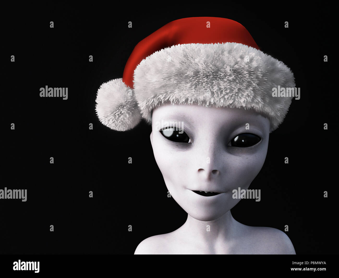 3D rendering of a smiling alien wearing a Santa hat for Christmas ...