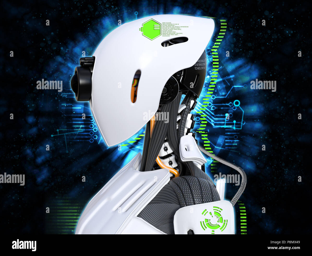 3D rendering of a female android robot head technology concept. Black ...
