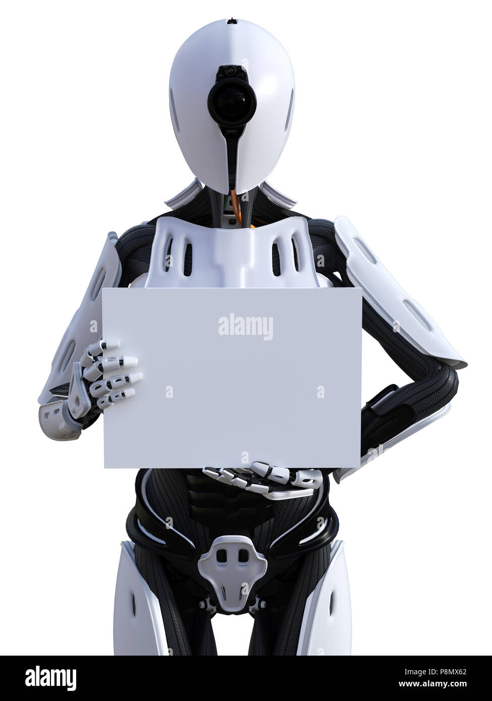 3D rendering of a female android robot holding a blank sign in its hand ...