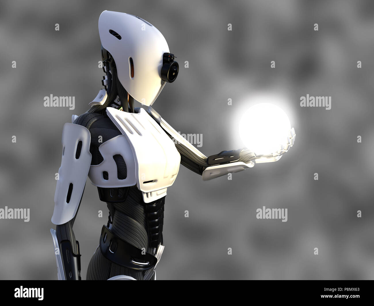 3D rendering of a female android robot holding a glowing sphere of ...