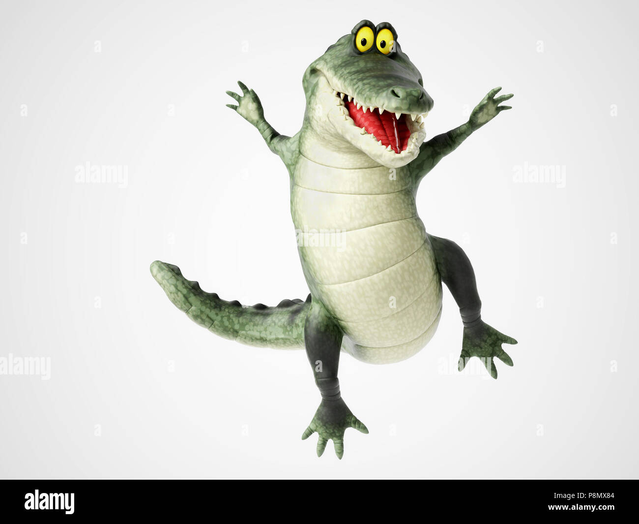 3D rendering of a cute, friendly cartoon crocodile smiling and jumping ...