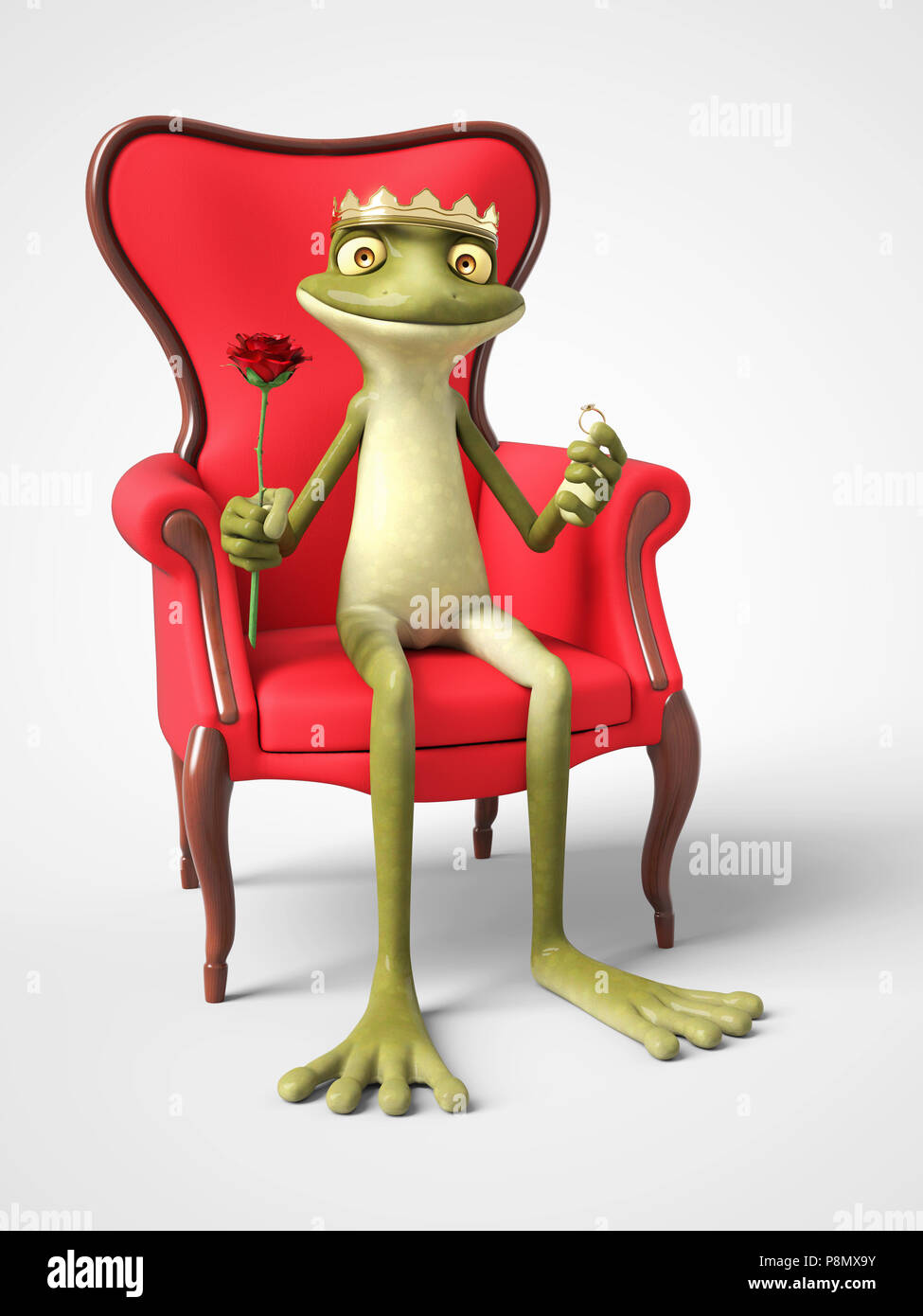 3D rendering of a smiling, romantic cartoon frog prince holding a red ...
