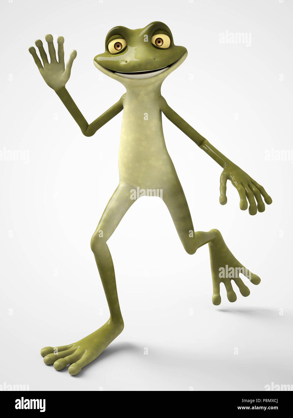 3D rendering of a smiling cartoon frog waving and looking very happy ...