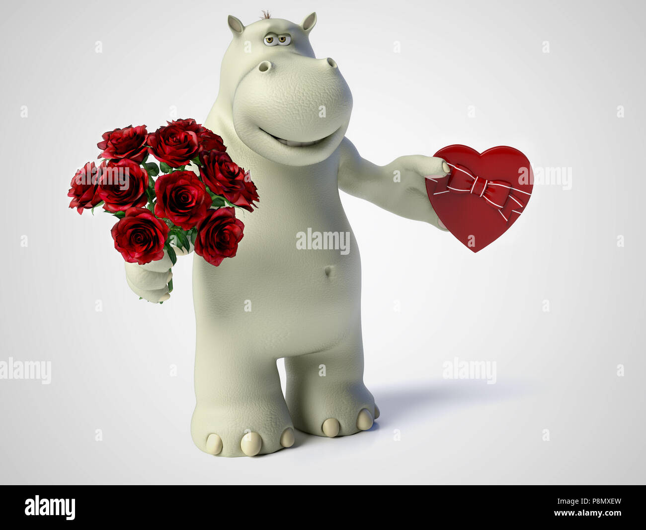 3D rendering of romantic cartoon hippo holding a red, heart shaped ...