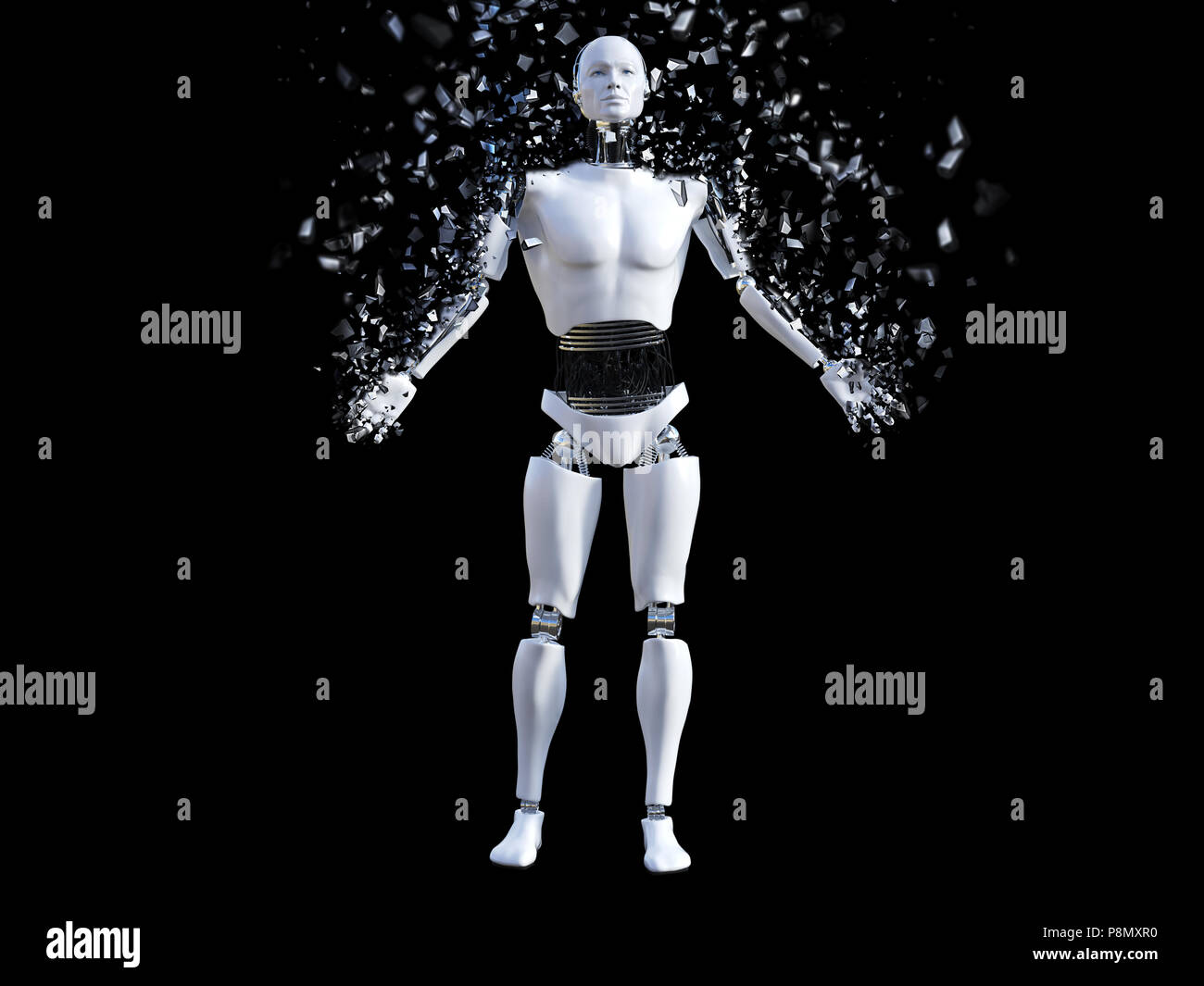 3D rendering of a male robot that is starting to shatter like it's ...