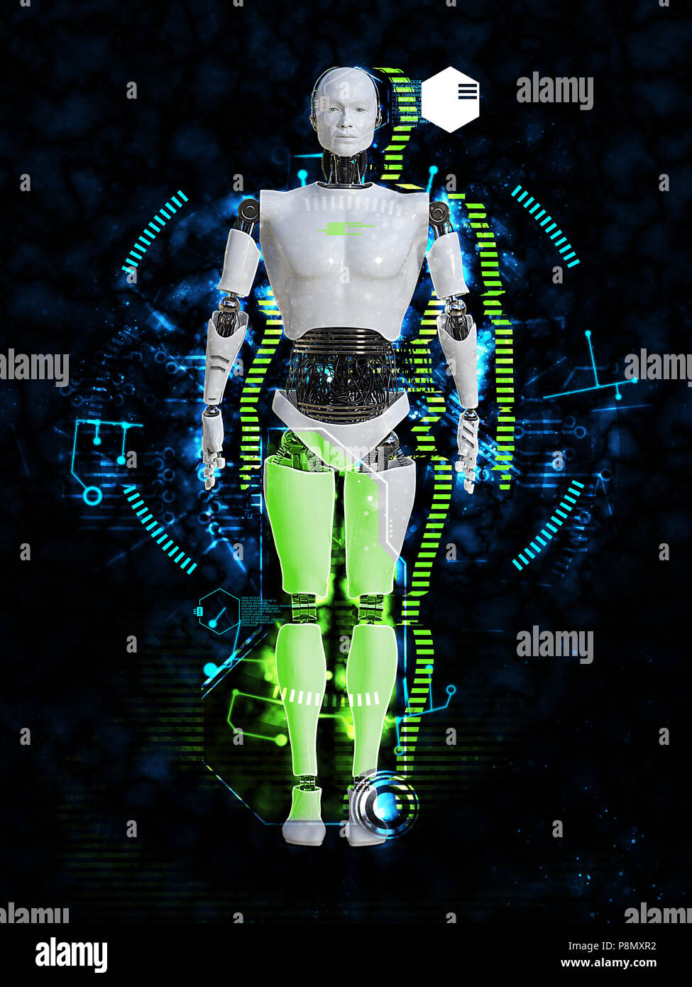 3D rendering of male robot body technology concept. Black background ...