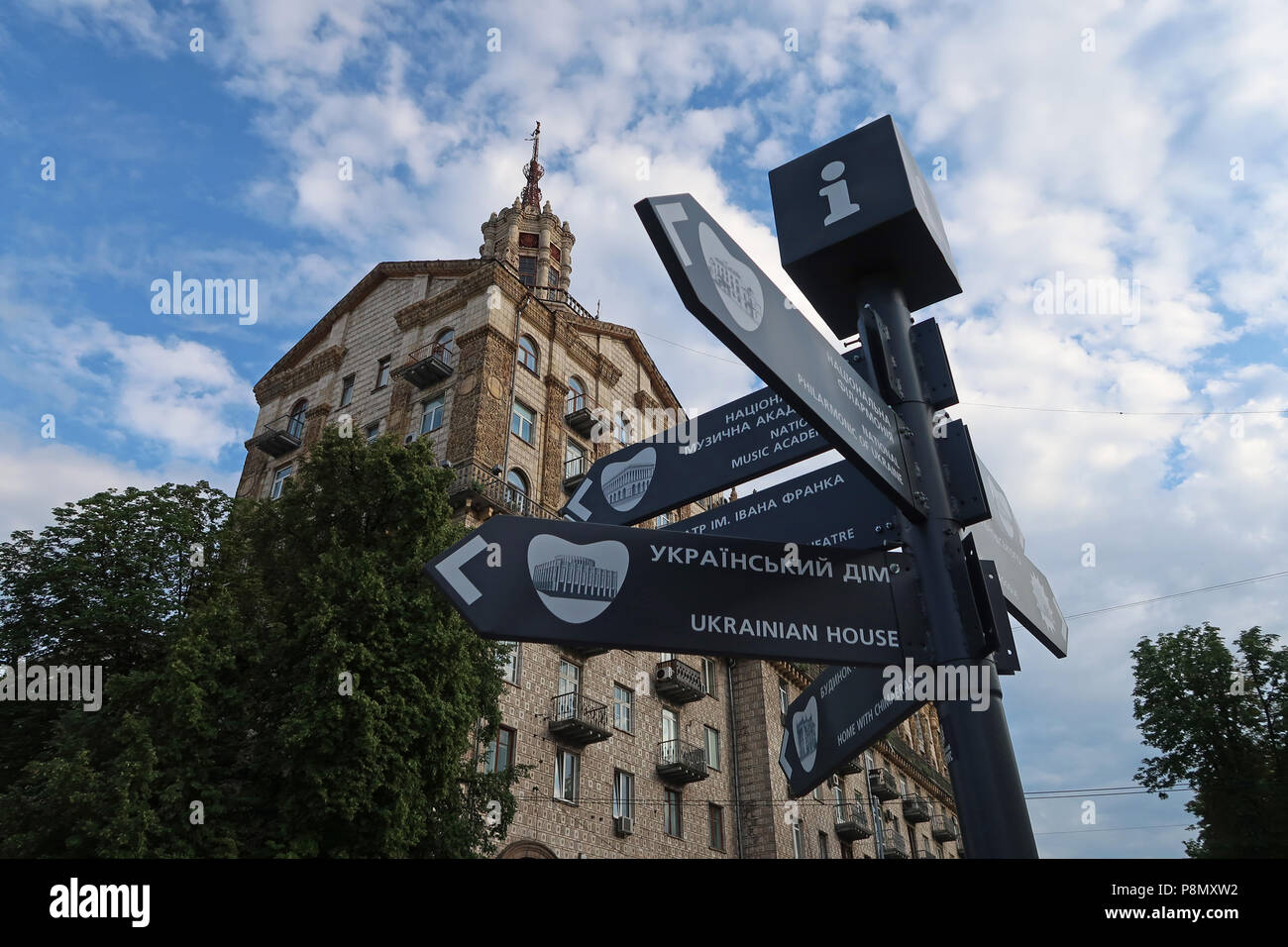 A marker guiding to city landmarks in front of a building from the ...