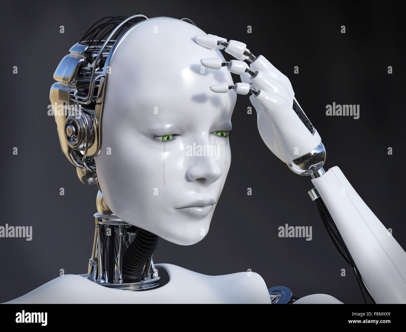 3D rendering of a female robot looking sad and crying, image 1. Dark ...