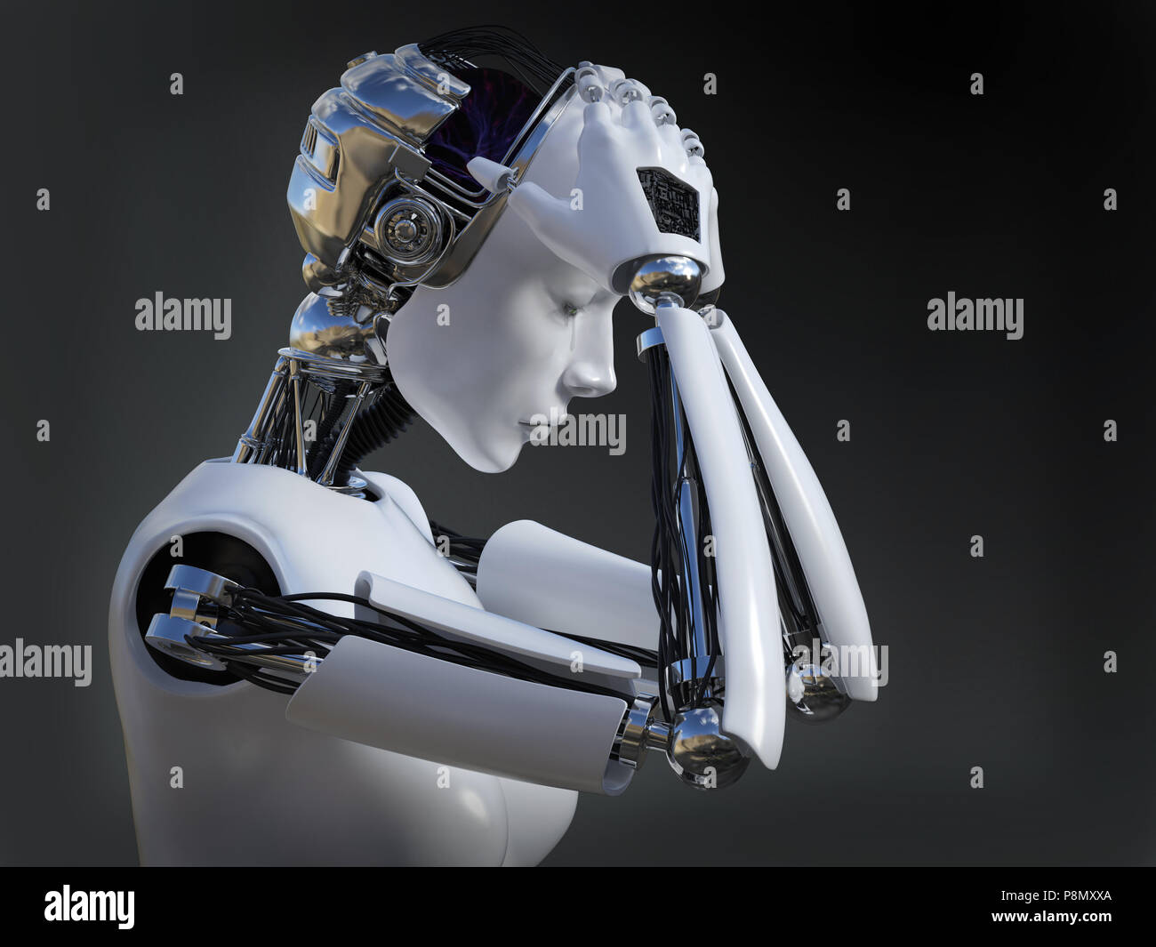 3D rendering of a female robot looking sad and crying, image 2. Dark ...