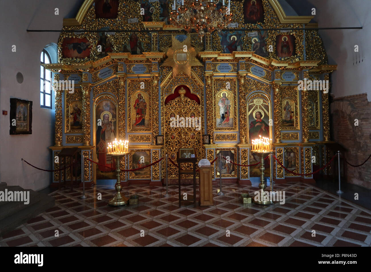 The iconostasis decorated with icons and religious paintings inside the reconstructed Cathedral ...