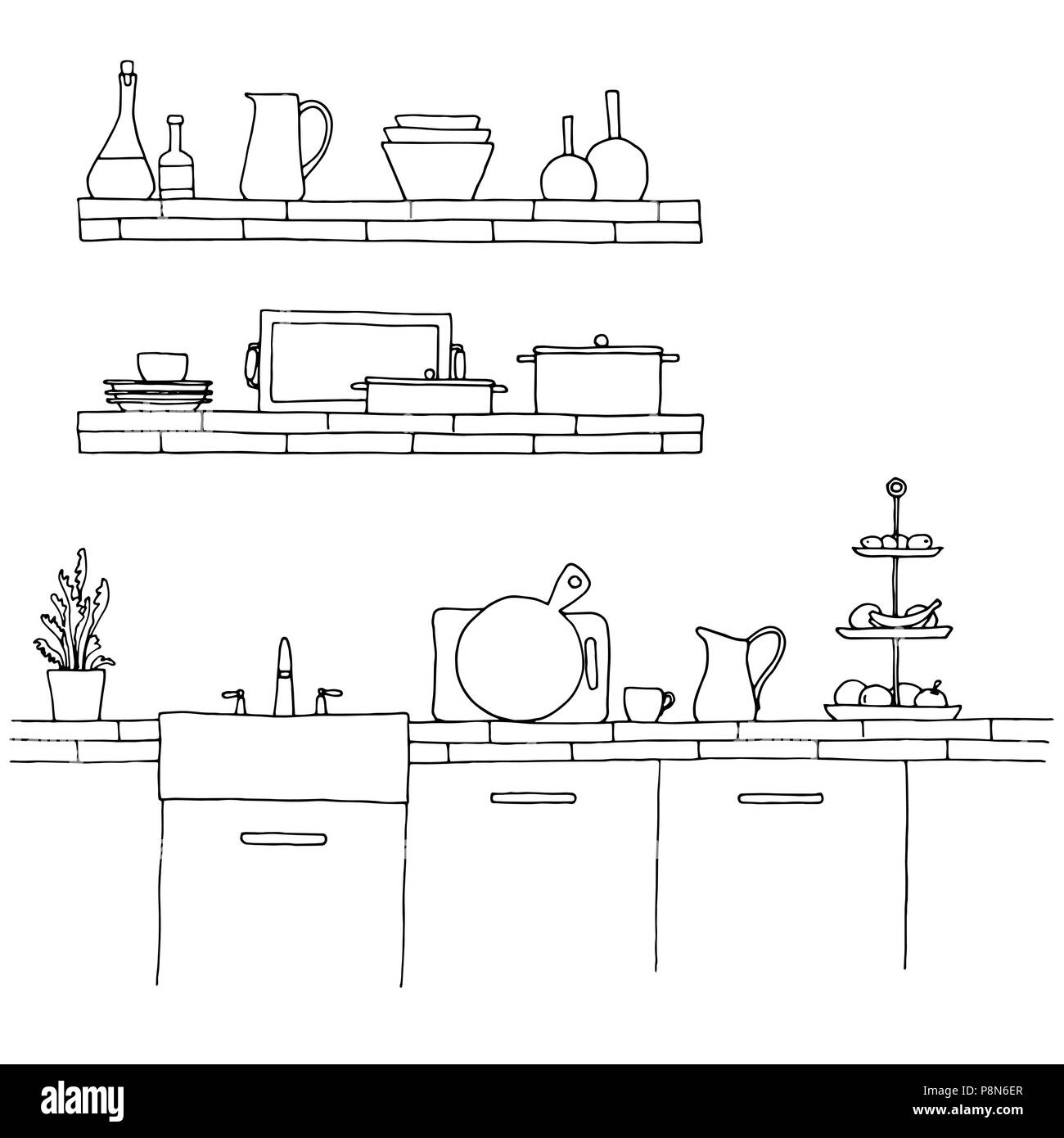 Kitchen worktop with sink. The sketch of the kitchen Stock Vector Image ...