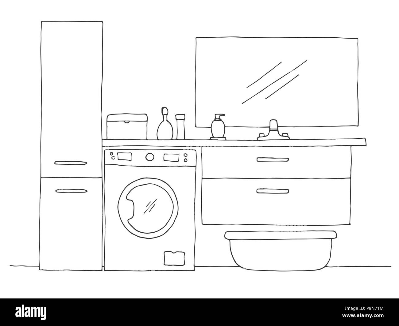 Hand drawn sketch. Linear sketch of an interior. Part of the bathroom ...