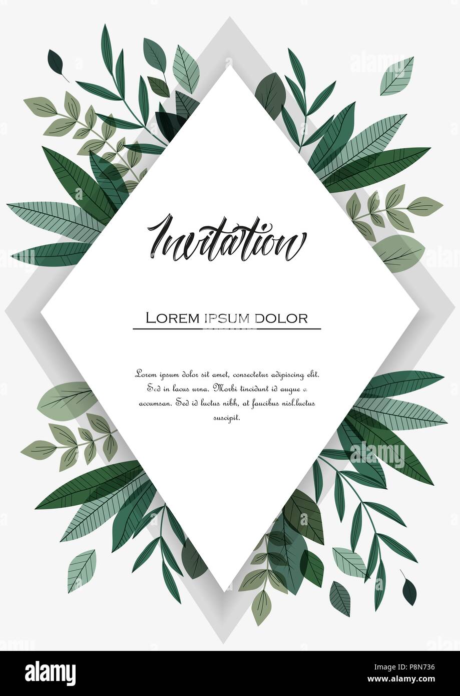 Vector illustration invitation card template with branches and leaf ...