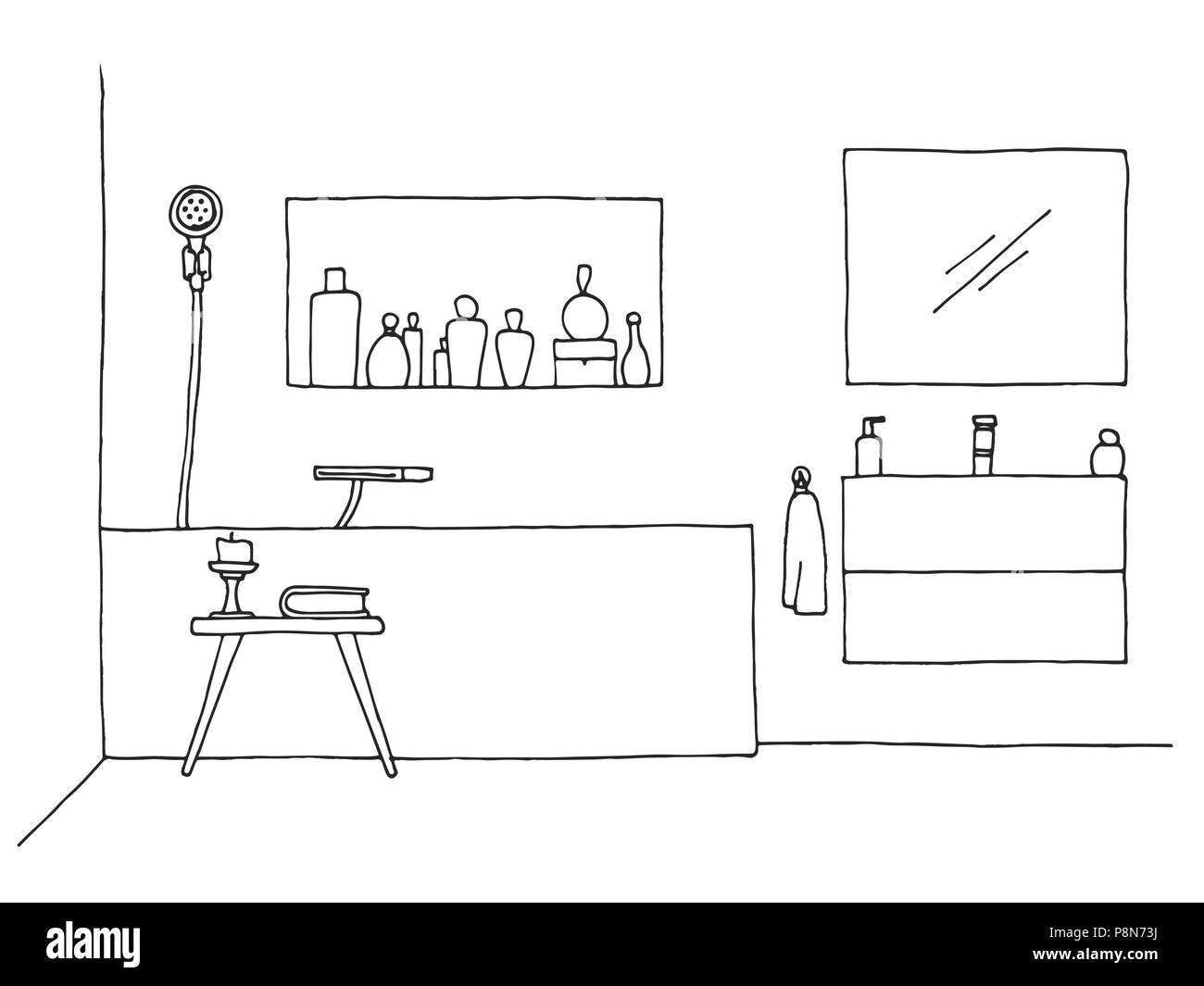 Hand drawn sketch. Linear sketch of an interior. Part of the bathroom ...