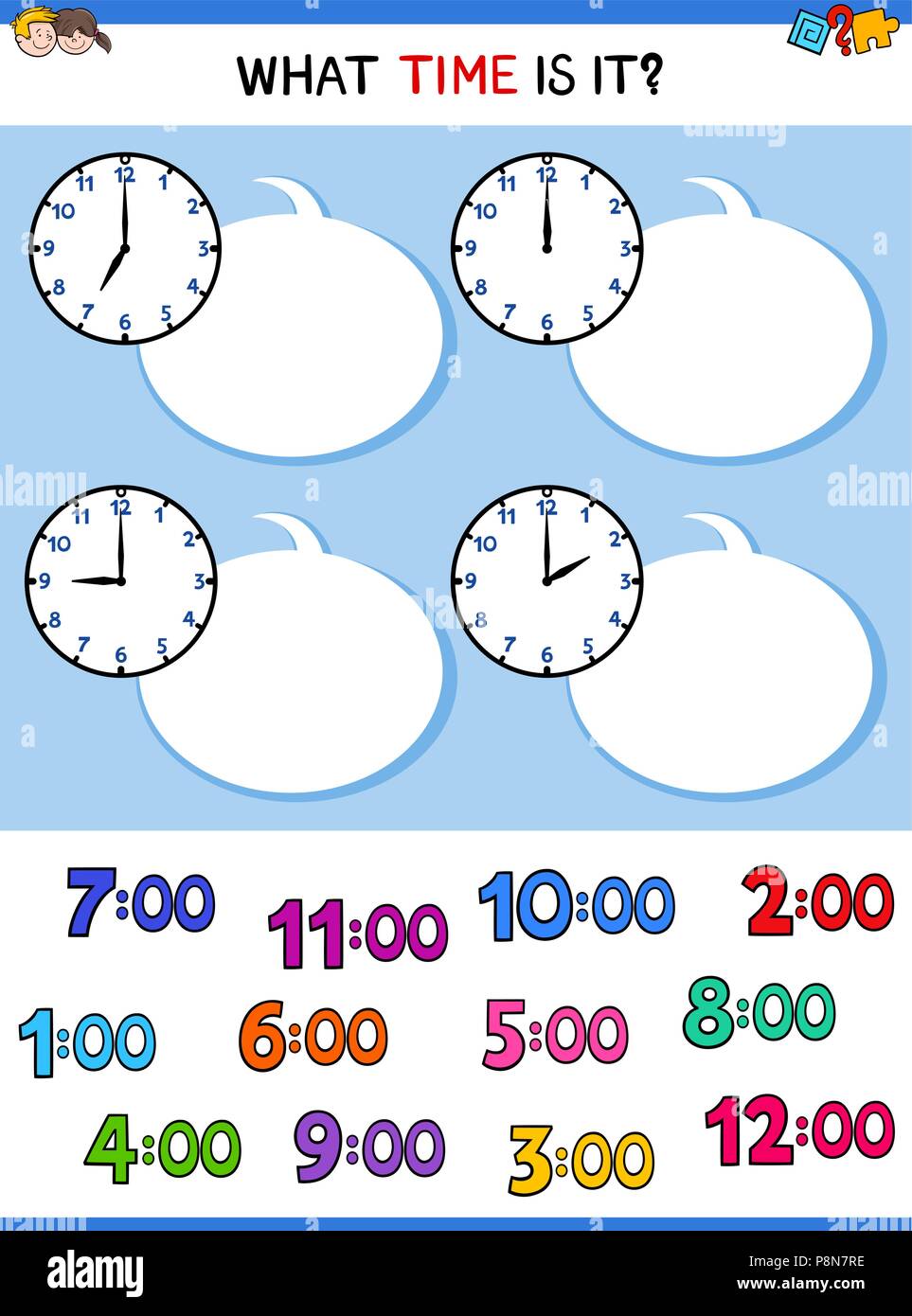 Cartoon Illustrations of Telling Time Educational Worksheet with Clock ...