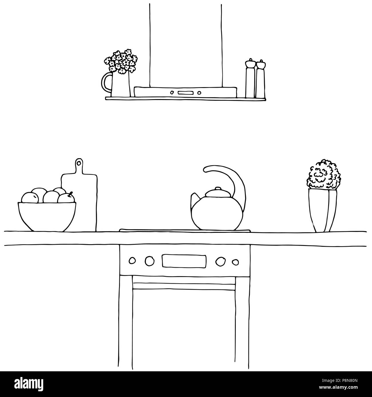 Sketch of the kitchen. Worktop, stove, hood, kettle and other items ...