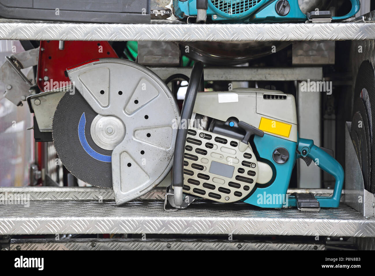 Petrol Powered Big Circular Saw at Shelf Stock Photo - Alamy