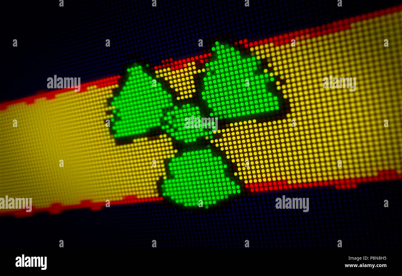 Nuclear radiation symbol on big LED display with large pixels. Bright ...
