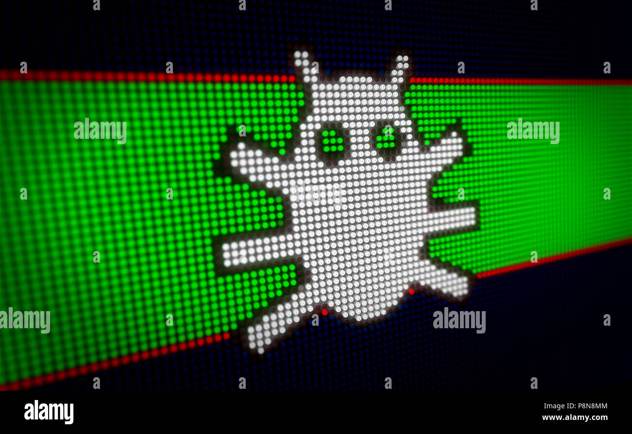 Computer virus symbol on big LED display with large pixels. Bright ...